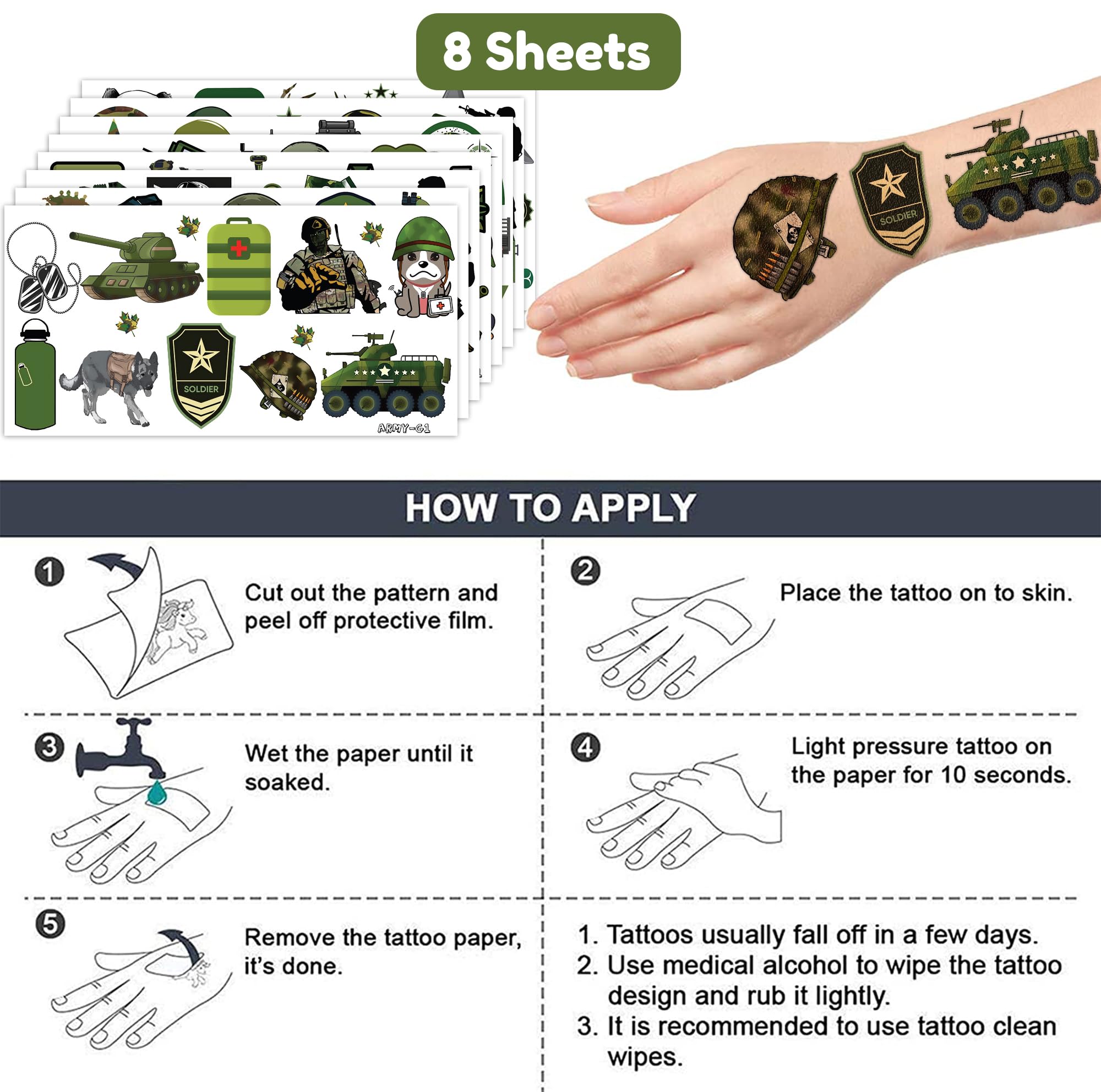 Army Temporary Tattoos - Memorial Day 80PCS Military Camouflage, Camo, Veterans Day Themed Stickers for Kids Birthday Party Supplies, Decorations, Favors and Prizes - Cute Gifts for Boys and Girls