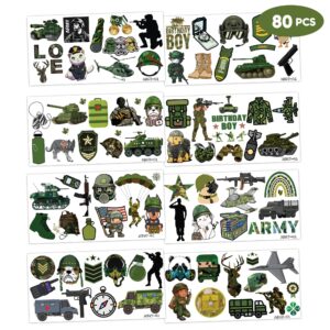 Army Temporary Tattoos - Memorial Day 80PCS Military Camouflage, Camo, Veterans Day Themed Stickers for Kids Birthday Party Supplies, Decorations, Favors and Prizes - Cute Gifts for Boys and Girls