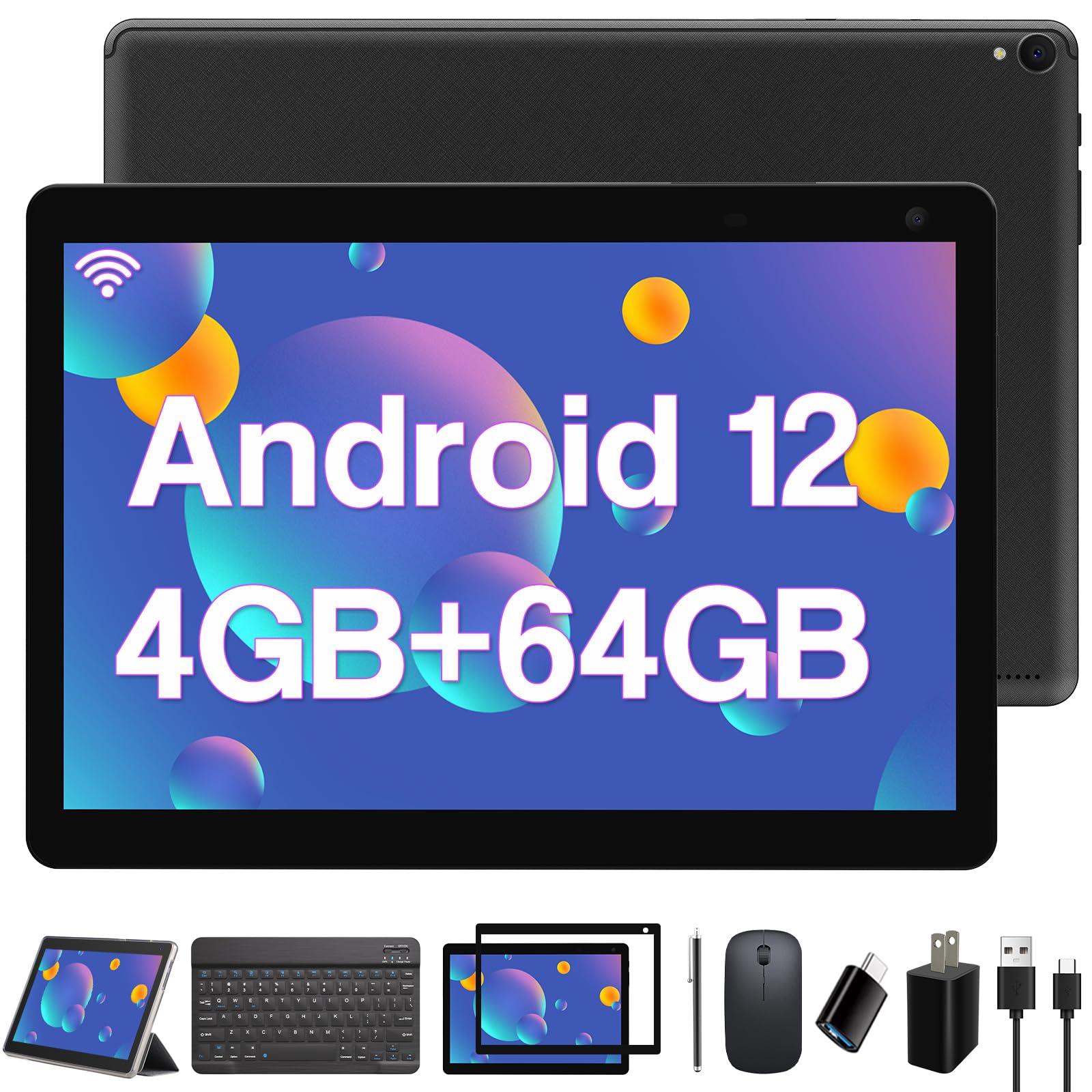 2 in 1 Tablet with Keyboard, Tablet 10 inch 4GB RAM+64GB ROM Support 512GB Expandable Android Tablet Computer, Quad-Core CPU, HD Screen, 2.4G/5G WiFi, Long Battery Life Tablets with Case Mouse Stylus