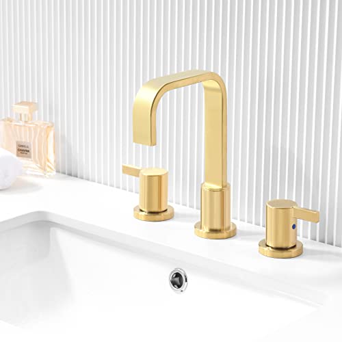 Brushed Gold and Brushed Nickel Bathroom Sink Faucet, 3 Hole Widespread Waterfall RV Bathroom Faucet, Modern Bathroom Faucet with Pop Up Drain and Water Supply Line