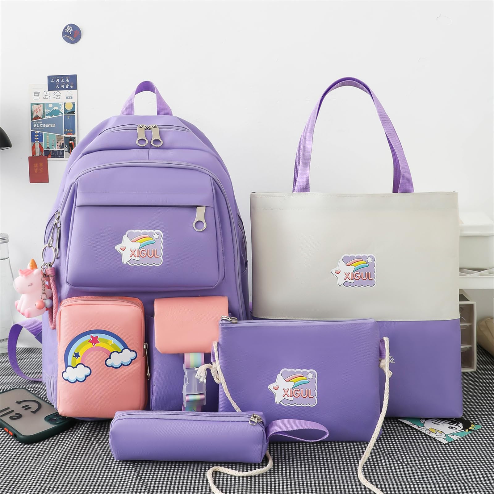 HAN YUAN Kawaii Backpack set 4Pcs Aesthetic School Bags cute backpack set for Girls Teen Back to School