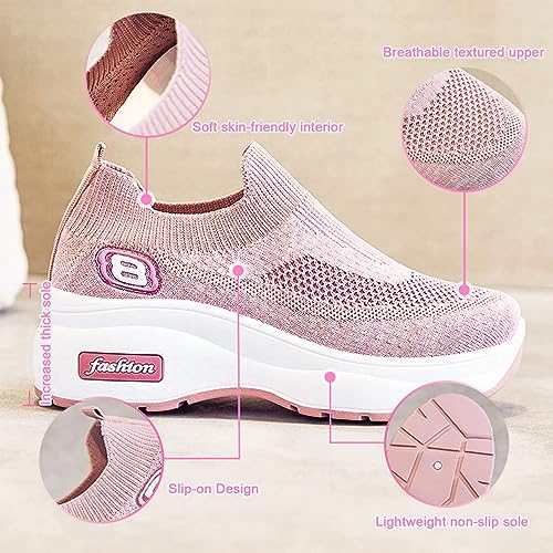 YTINGNICE Platform Fashion Sneakers for Women, Breathable Knit Mesh Walking Slip-on Sneakers Shoes (Black,US 5)