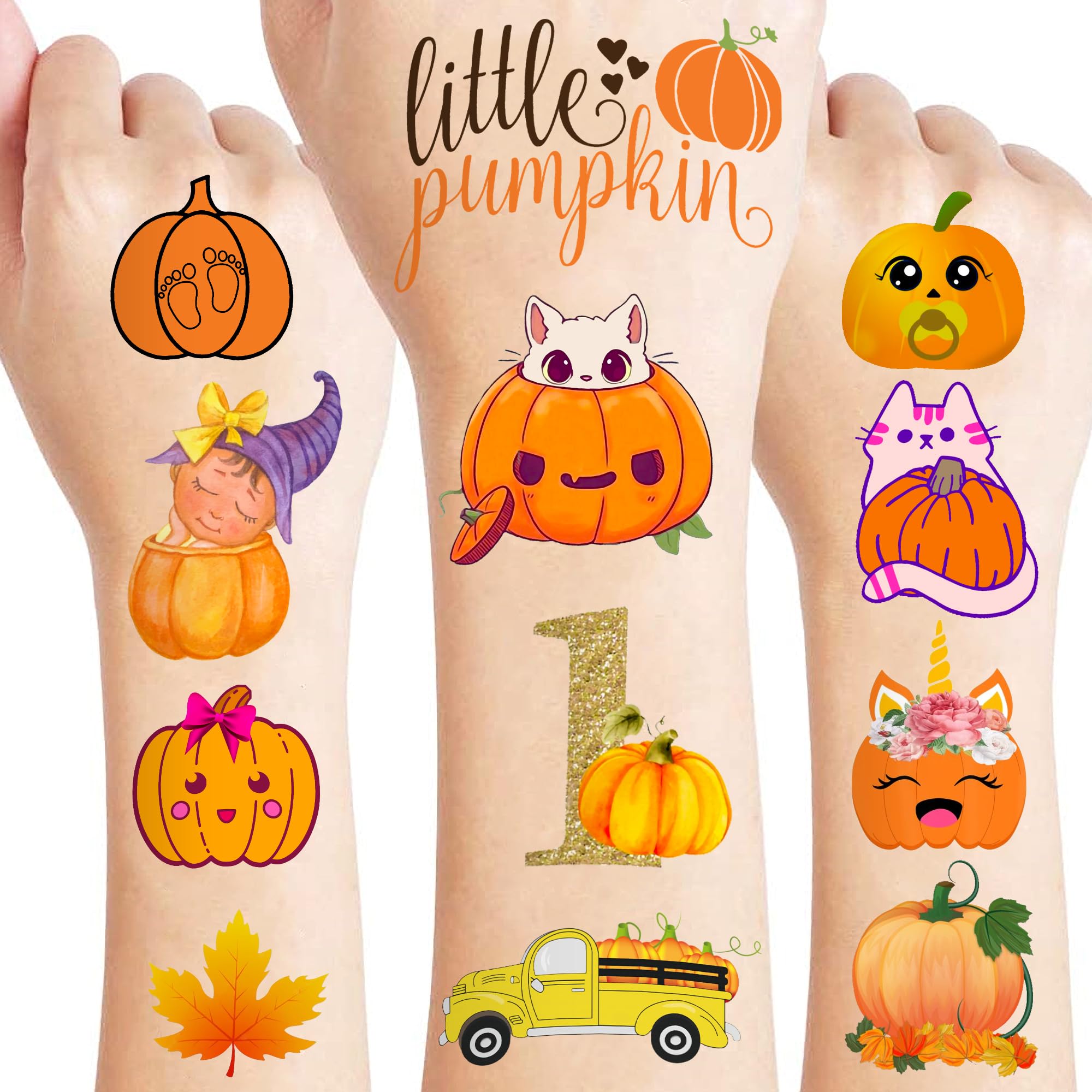 Little Pumpkin Baby Shower Birthday Temporary Tattoos - 80PCS Pumpkin Fall 1st Stickers for Party Decorations, Favors, and Prizes - Pink, Orange, and Maple Leaf Themed - Ideal Gifts for Boys