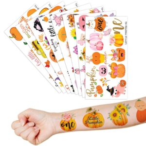 Little Pumpkin Baby Shower Birthday Temporary Tattoos - 80PCS Pumpkin Fall 1st Stickers for Party Decorations, Favors, and Prizes - Pink, Orange, and Maple Leaf Themed - Ideal Gifts for Boys