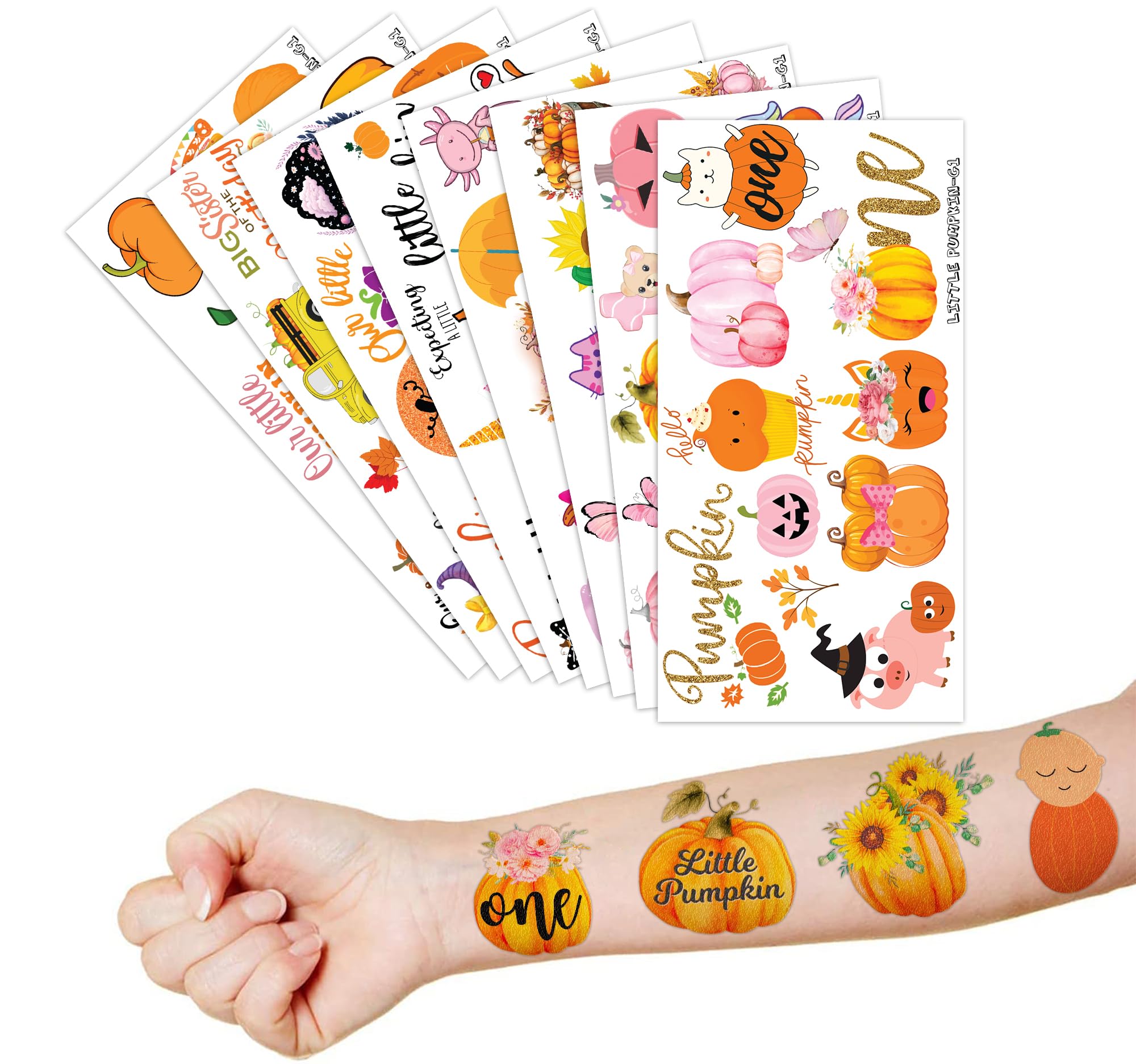 Little Pumpkin Baby Shower Birthday Temporary Tattoos - 80PCS Pumpkin Fall 1st Stickers for Party Decorations, Favors, and Prizes - Pink, Orange, and Maple Leaf Themed - Ideal Gifts for Boys