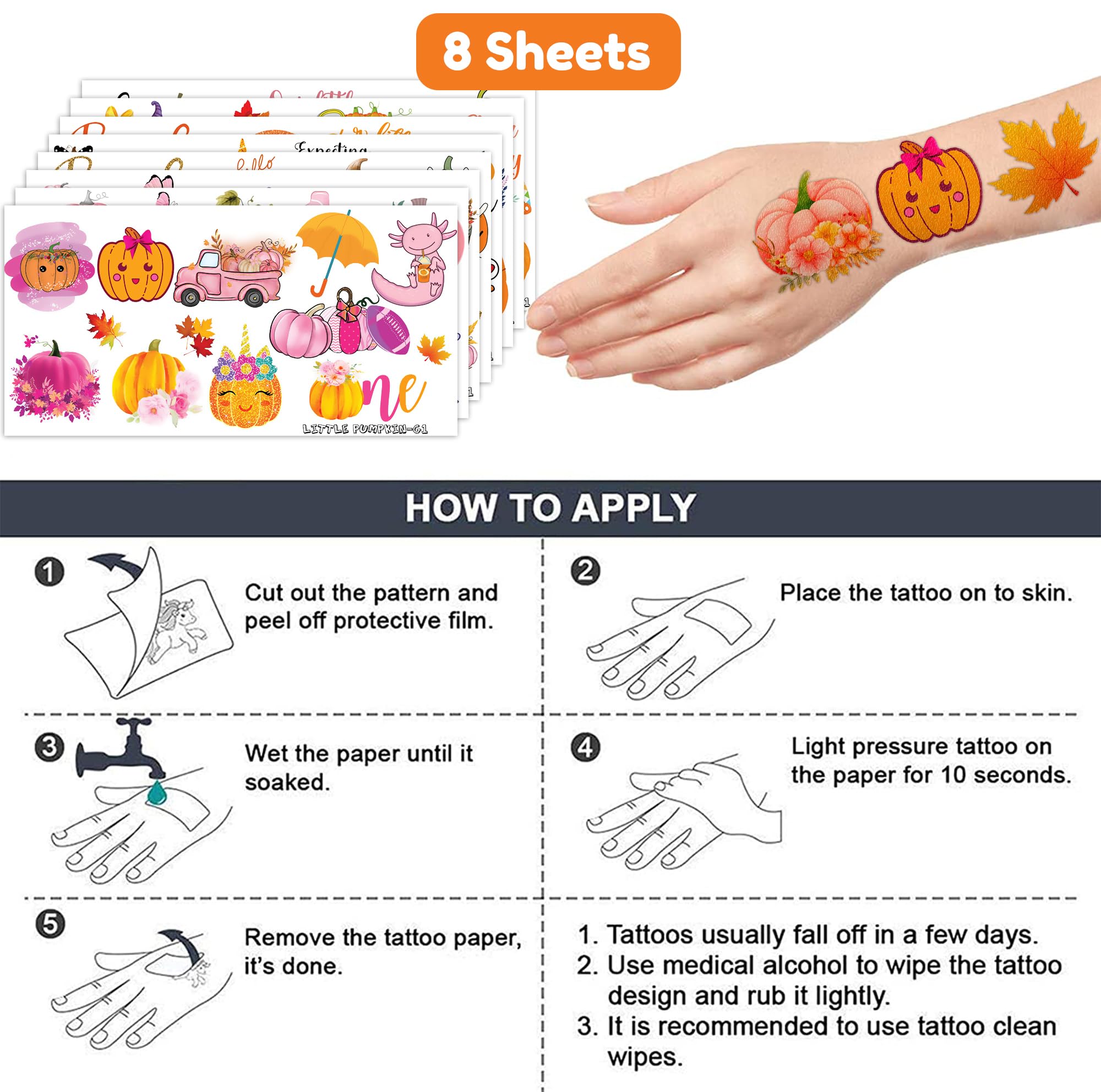 Little Pumpkin Baby Shower Birthday Temporary Tattoos - 80PCS Pumpkin Fall 1st Stickers for Party Decorations, Favors, and Prizes - Pink, Orange, and Maple Leaf Themed - Ideal Gifts for Boys