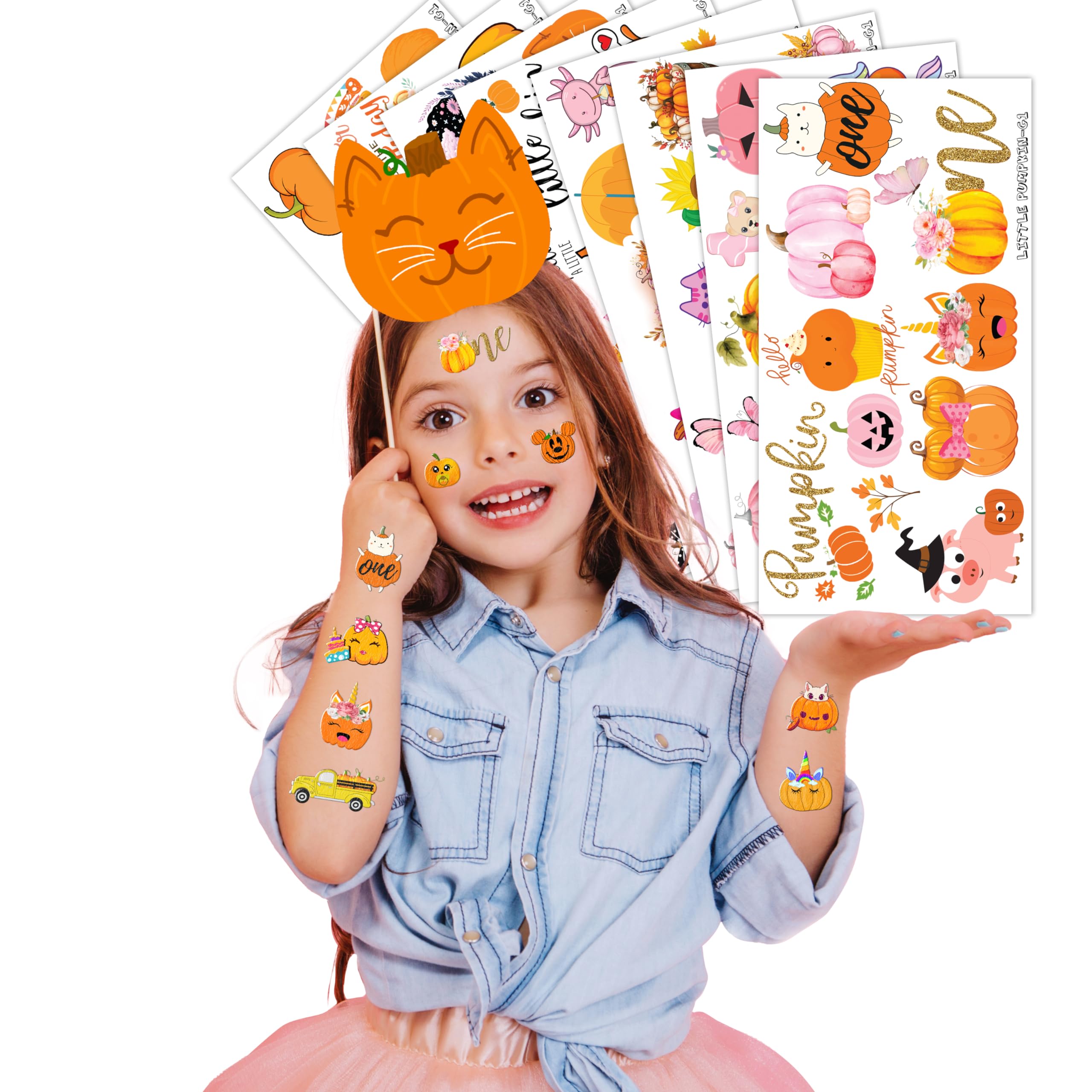 Little Pumpkin Baby Shower Birthday Temporary Tattoos - 80PCS Pumpkin Fall 1st Stickers for Party Decorations, Favors, and Prizes - Pink, Orange, and Maple Leaf Themed - Ideal Gifts for Boys