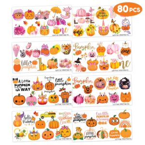 Little Pumpkin Baby Shower Birthday Temporary Tattoos - 80PCS Pumpkin Fall 1st Stickers for Party Decorations, Favors, and Prizes - Pink, Orange, and Maple Leaf Themed - Ideal Gifts for Boys