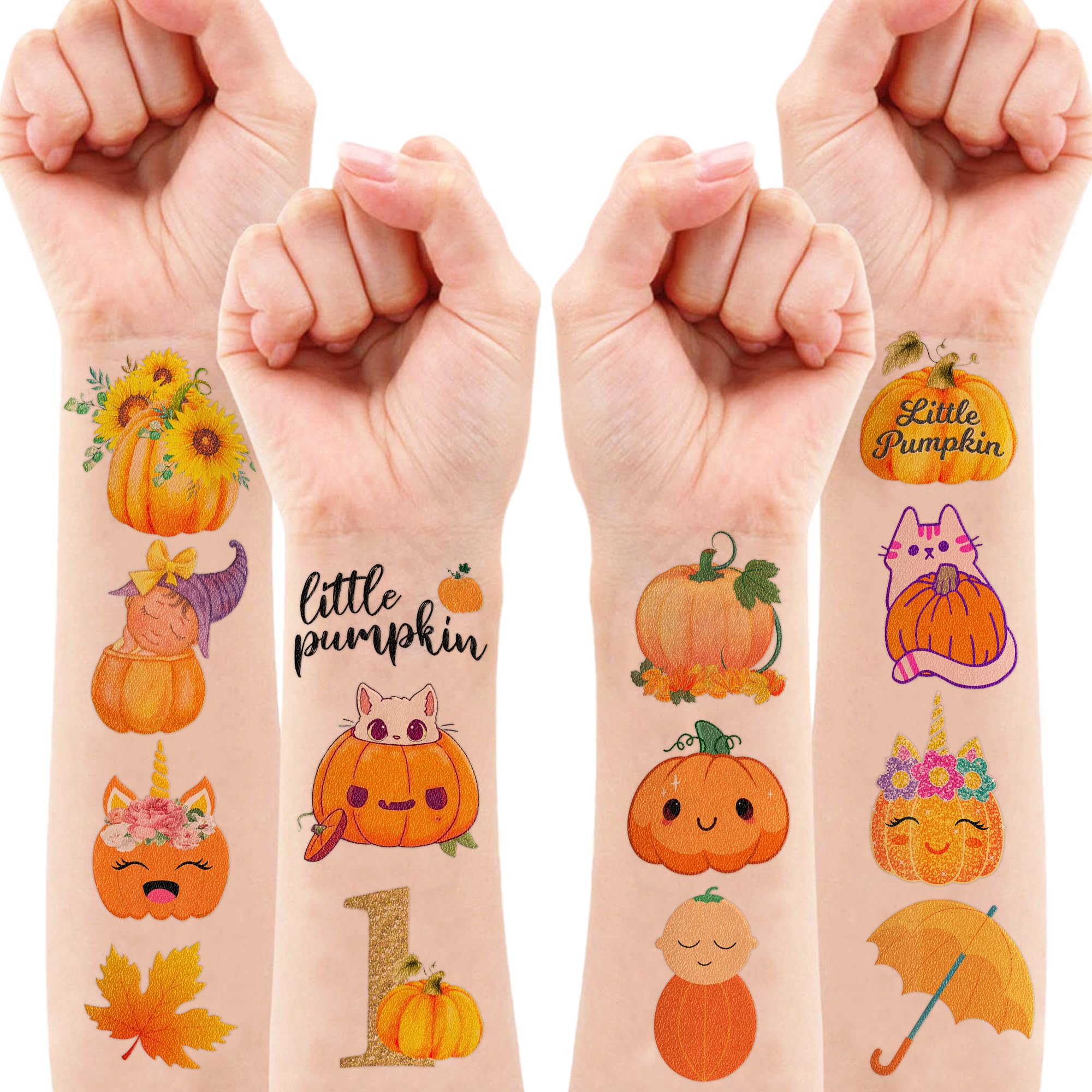 Little Pumpkin Baby Shower Birthday Temporary Tattoos - 80PCS Pumpkin Fall 1st Stickers for Party Decorations, Favors, and Prizes - Pink, Orange, and Maple Leaf Themed - Ideal Gifts for Boys