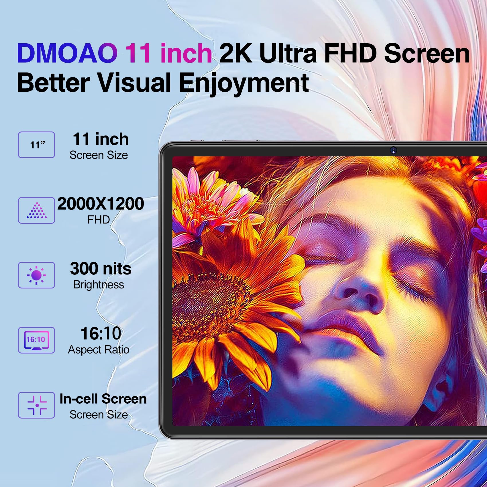 DMOAO 11 inch Android 13 Tablet 16GB+256GB Tablets with 1TB Expand, Octa-Core 2000 * 1200 2K FHD Display 13MP Camera, 8600mAh, Quad Speakers, 5G WiFi, Split Screen Support (Gray with Case)