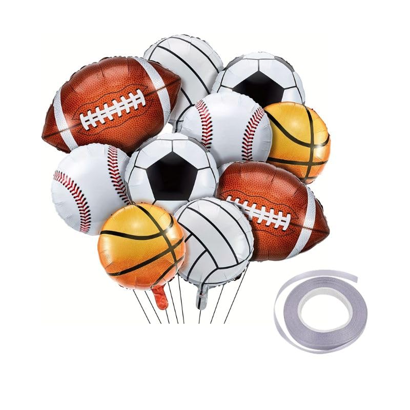 10 PCS Sports Themed Balloons, 18inch Aluminum Foil Sport Party Balloons Baseball Football Balloons Sports Themed Birthday Party Supplies for Boy Baby Shower Party Decoration（contains ribbon）