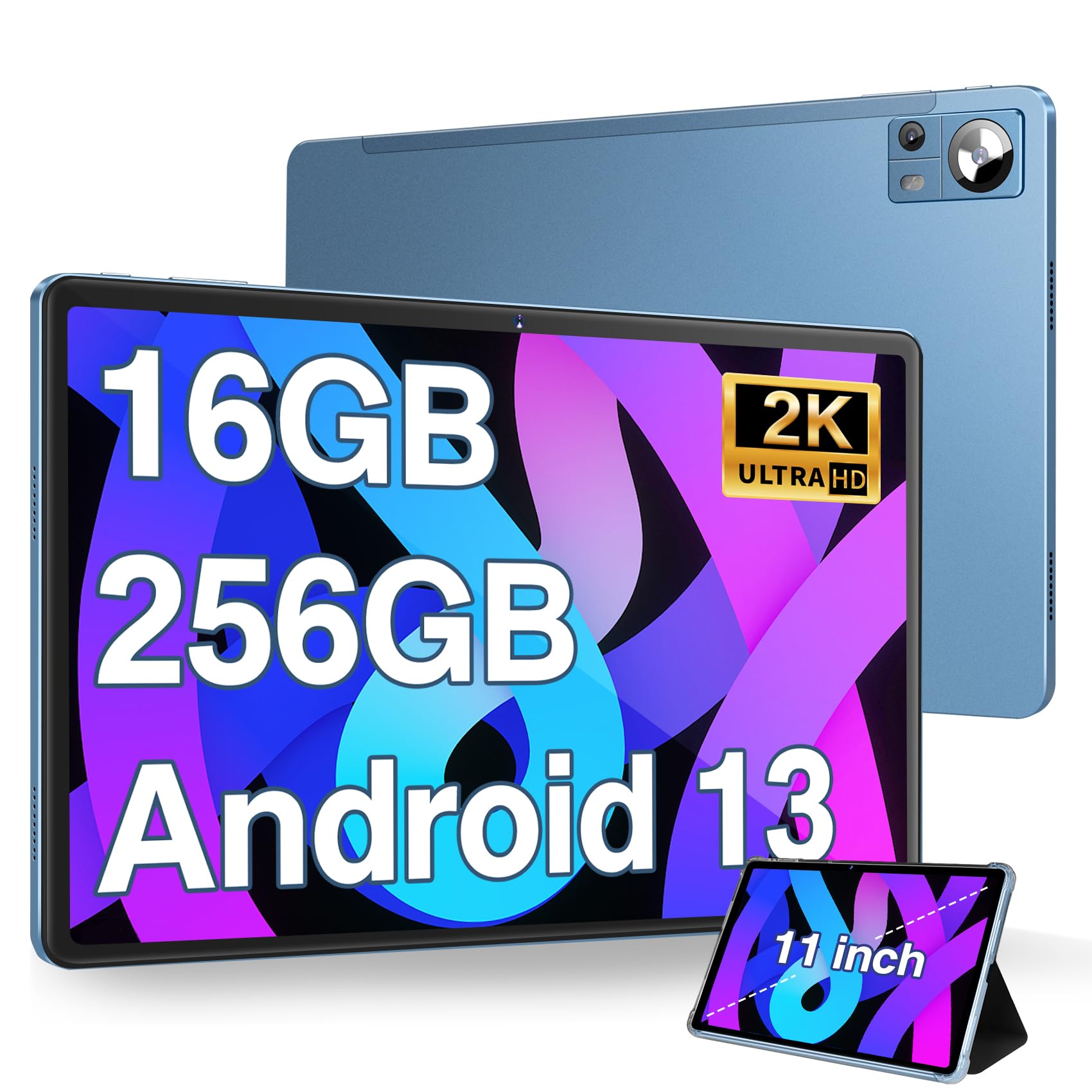 DMOAO 11 inch Android 13 Tablet 16GB+256GB Tablets with 1TB Expand, Octa-Core 2000 * 1200 2K FHD Display 13MP Camera, 8600mAh, Quad Speakers, 5G WiFi, Split Screen Support (Blue with Case)