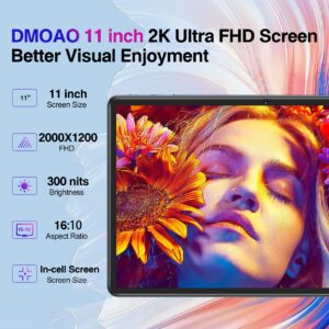 DMOAO 11 inch Android 13 Tablet 16GB+256GB Tablets with 1TB Expand, Octa-Core 2000 * 1200 2K FHD Display 13MP Camera, 8600mAh, Quad Speakers, 5G WiFi, Split Screen Support (Blue with Case)