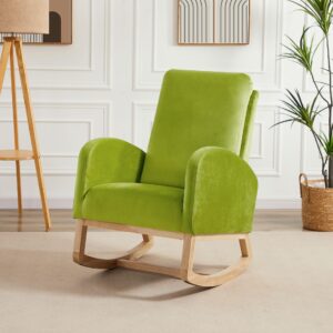 Upholstered Rocking Chair, Modern Nursery Rocking Armchair, Mid-Century Accent Glider Rocker with Side Pocket & Tall Backrest, Comfy Armchair for Bedroom Living Room Lounge(Green)