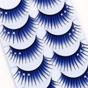 okdeals 5 pairs glitter lashes 3d blue cosplay anime eyelash with rhinestones, 13mm blue dramatic manga lashes halloween new year party stage makeup eyelash, black stems