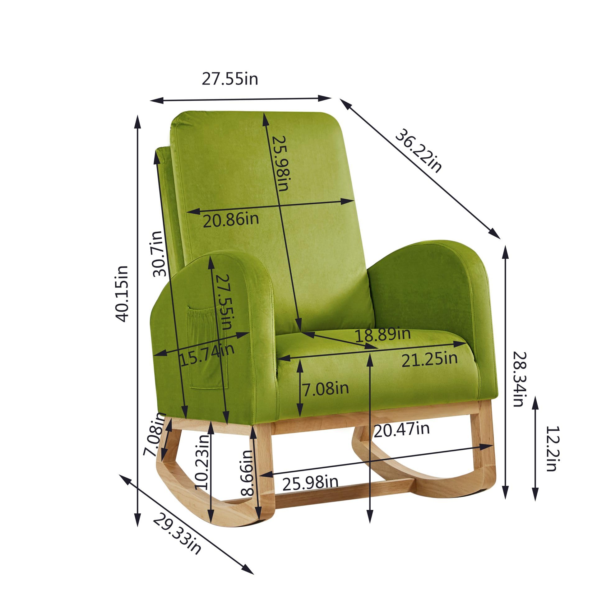 Upholstered Rocking Chair, Modern Nursery Rocking Armchair, Mid-Century Accent Glider Rocker with Side Pocket & Tall Backrest, Comfy Armchair for Bedroom Living Room Lounge(Green)