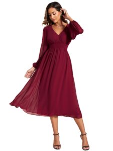 ever-pretty women's chiffon long sleeve elastic waist a-line knee length wedding guest dresses burgundy us16