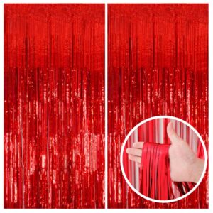 2 pack red streamers party backdrop christmas decorations foil fringe backdrop curtains carnival casino theme birthday new year holiday celebration bachelorette party decorations supplies