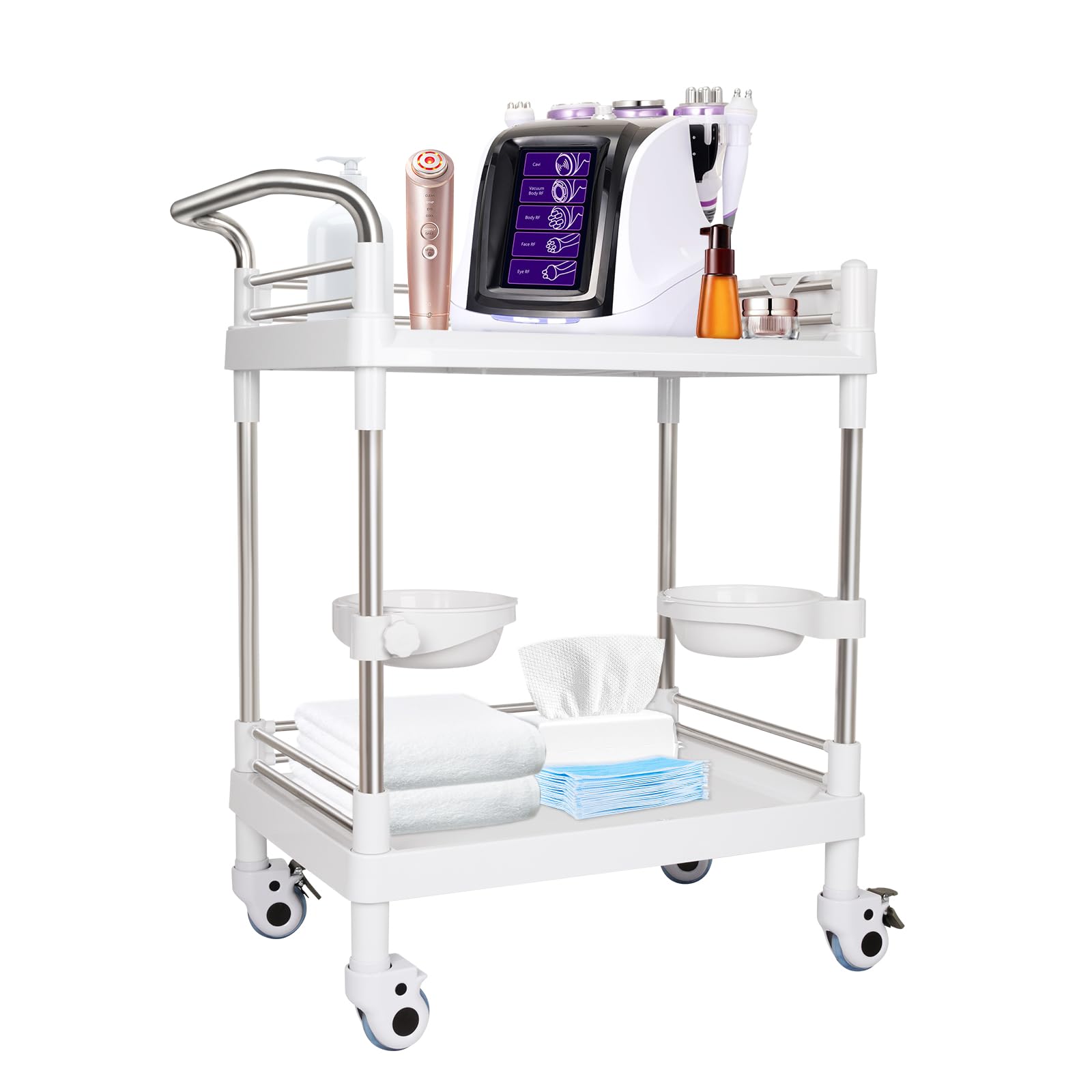 Mobile Utility Cart with Wheels Professional Medical Trolley Cart 220 Lbs Load Plastic and Stainless Steel Esthetician Storage Cart with Basins and Kegs for Beauty Salon Hospital Clinic Home