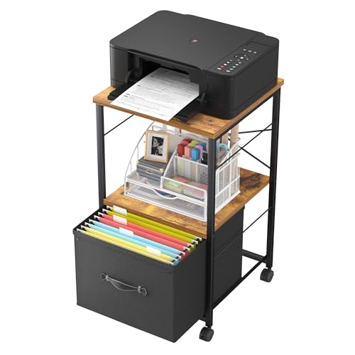 VECELO File Cabinet with Open Storage Shelf, Rolling Printer Stand with Large Fabric Drawer, Suitable for Letter Size, Ideal for Small Spaces, Home Office, Easy to Install, Brown