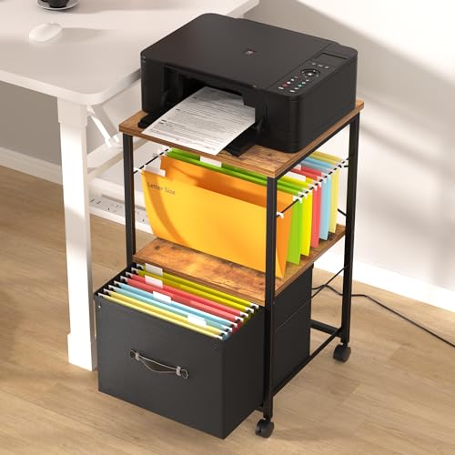 VECELO File Cabinet with Open Storage Shelf, Rolling Printer Stand with Large Fabric Drawer, Suitable for Letter Size, Ideal for Small Spaces, Home Office, Easy to Install, Brown