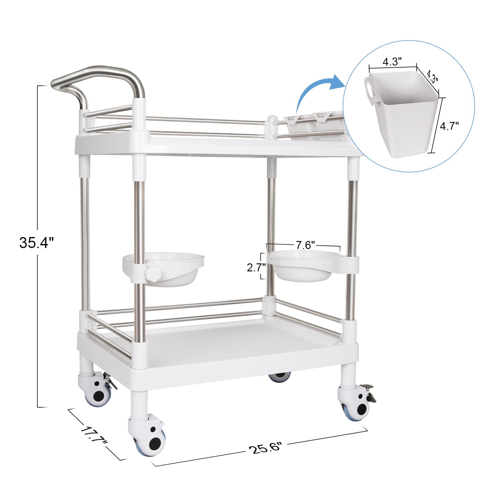 Mobile Utility Cart with Wheels Professional Medical Trolley Cart 220 Lbs Load Plastic and Stainless Steel Esthetician Storage Cart with Basins and Kegs for Beauty Salon Hospital Clinic Home