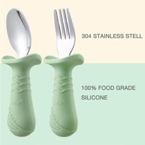 PandaEar Baby Toddler Fork and Spoon Utensil Set, 6 Pack Silicone Stainless Steel Silverware Spoon Fork for Babies Toddler, BPA Free with Silicone Holding Anti-Choke Design (Blue&Green&Light Tan)