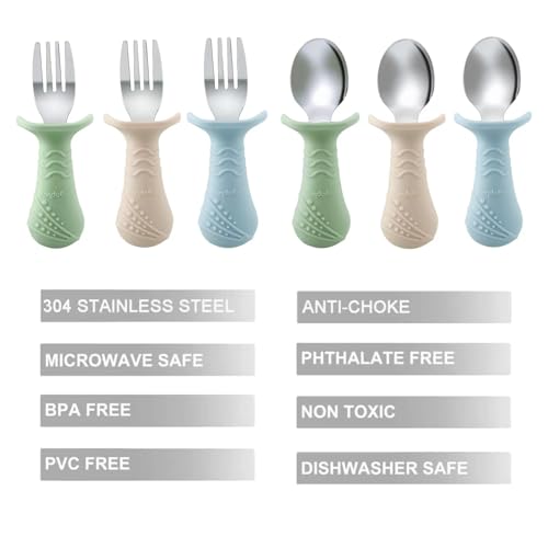 PandaEar Baby Toddler Fork and Spoon Utensil Set, 6 Pack Silicone Stainless Steel Silverware Spoon Fork for Babies Toddler, BPA Free with Silicone Holding Anti-Choke Design (Blue&Green&Light Tan)