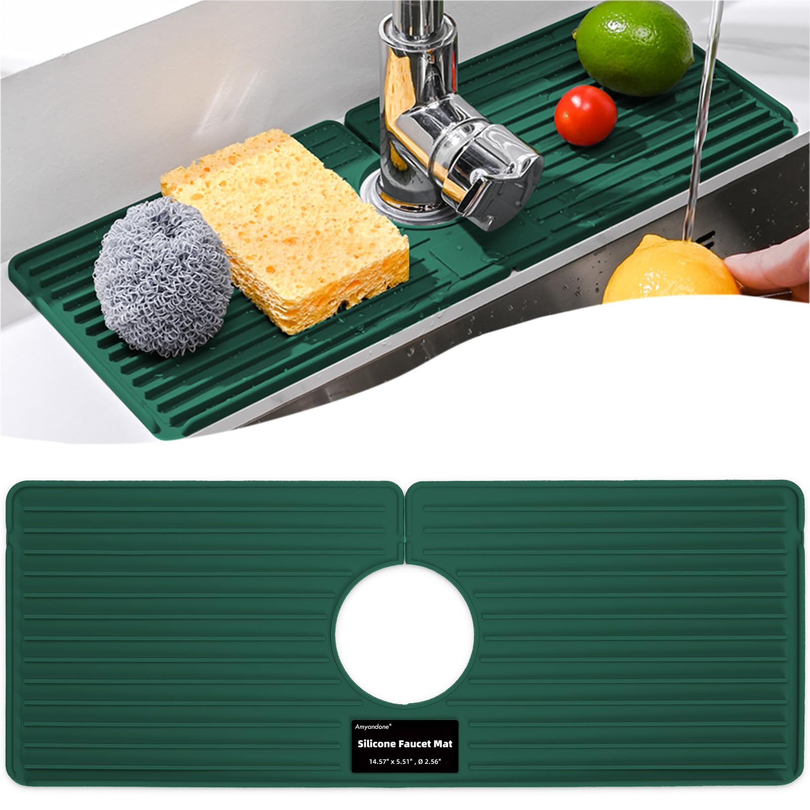 Amyandone Faucet Mat for Kitchen Sink, Silicone Faucet Handle Drip Catcher Tray, Drying Mat as Sponge and Soap Holder with Lateral Inflow for Kitchen Bathroom Farmhouse & RV Sink Accessories (Green)