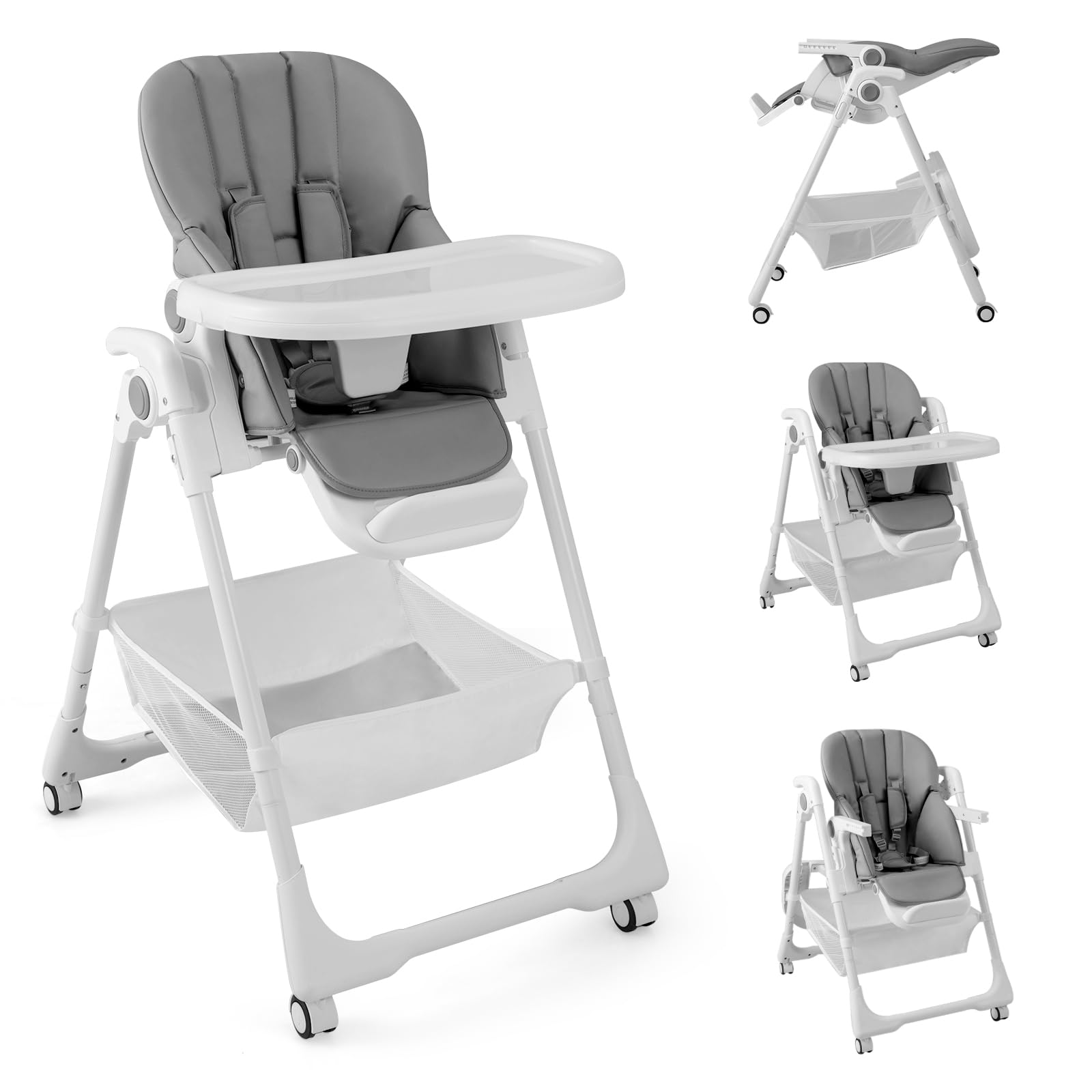 BABY JOY Baby High Chair, Foldable Highchair w/ 7 Heights, 5 Recline Positions, Adjustable Footrest, Removable Double Tray, Storage Basket, Portable High Chairs for Babies & Toddlers with Wheels, Gray