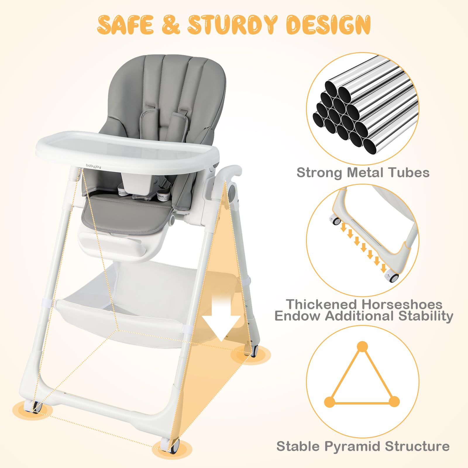 BABY JOY Baby High Chair, Foldable Highchair w/ 7 Heights, 5 Recline Positions, Adjustable Footrest, Removable Double Tray, Storage Basket, Portable High Chairs for Babies & Toddlers with Wheels, Gray