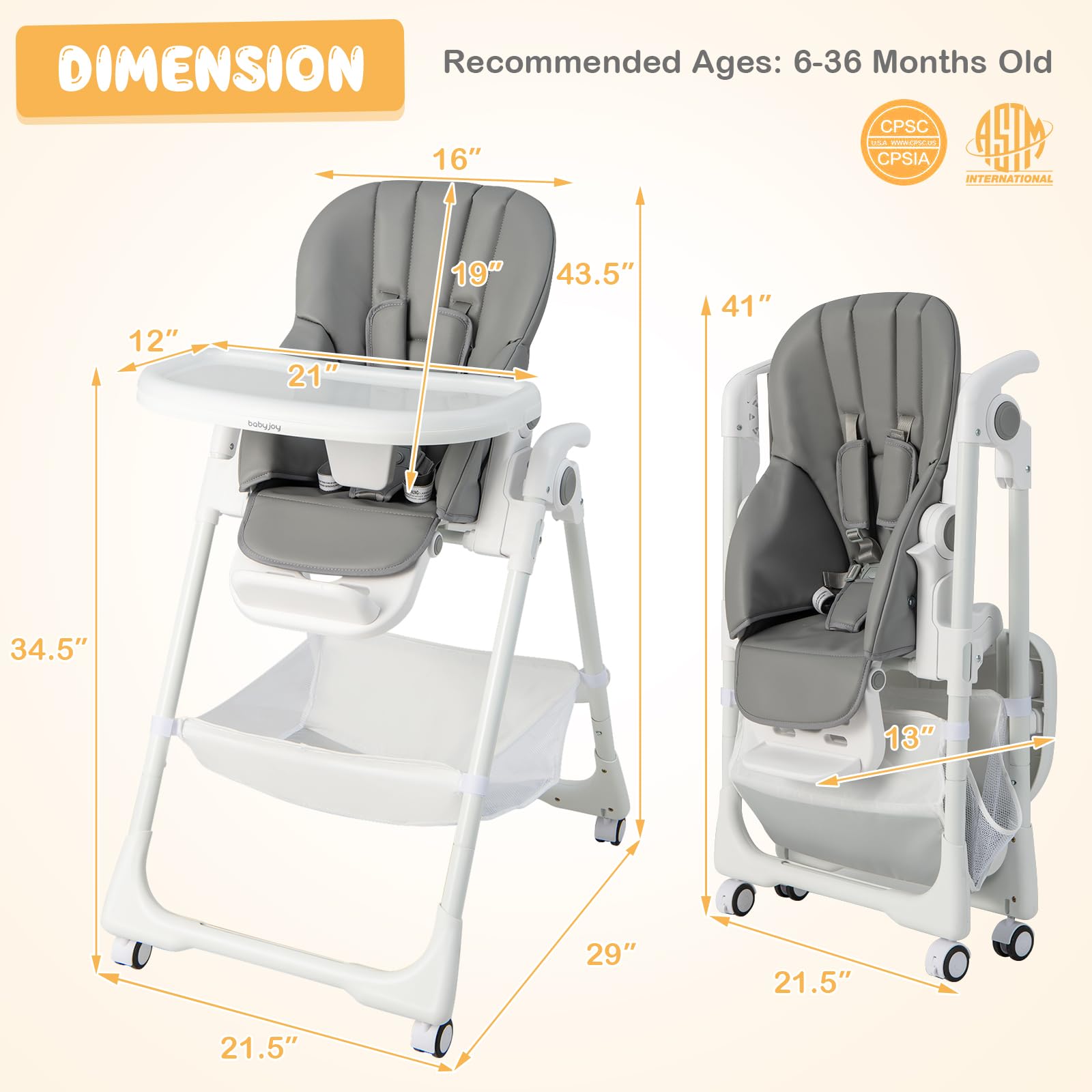 BABY JOY Baby High Chair, Foldable Highchair w/ 7 Heights, 5 Recline Positions, Adjustable Footrest, Removable Double Tray, Storage Basket, Portable High Chairs for Babies & Toddlers with Wheels, Gray