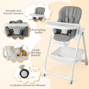 BABY JOY Baby High Chair, Foldable Highchair w/ 7 Heights, 5 Recline Positions, Adjustable Footrest, Removable Double Tray, Storage Basket, Portable High Chairs for Babies & Toddlers with Wheels, Gray