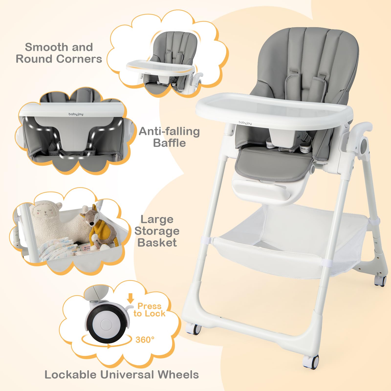 BABY JOY Baby High Chair, Foldable Highchair w/ 7 Heights, 5 Recline Positions, Adjustable Footrest, Removable Double Tray, Storage Basket, Portable High Chairs for Babies & Toddlers with Wheels, Gray