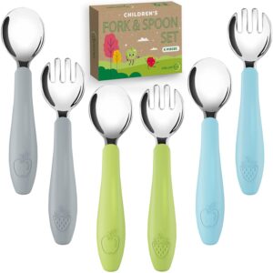 chillout life toddler utensils, kids silverware with silicone handle, stainless steel metal toddler forks and spoons safe baby cutlery set for self feeding bpa free dishwasher safe