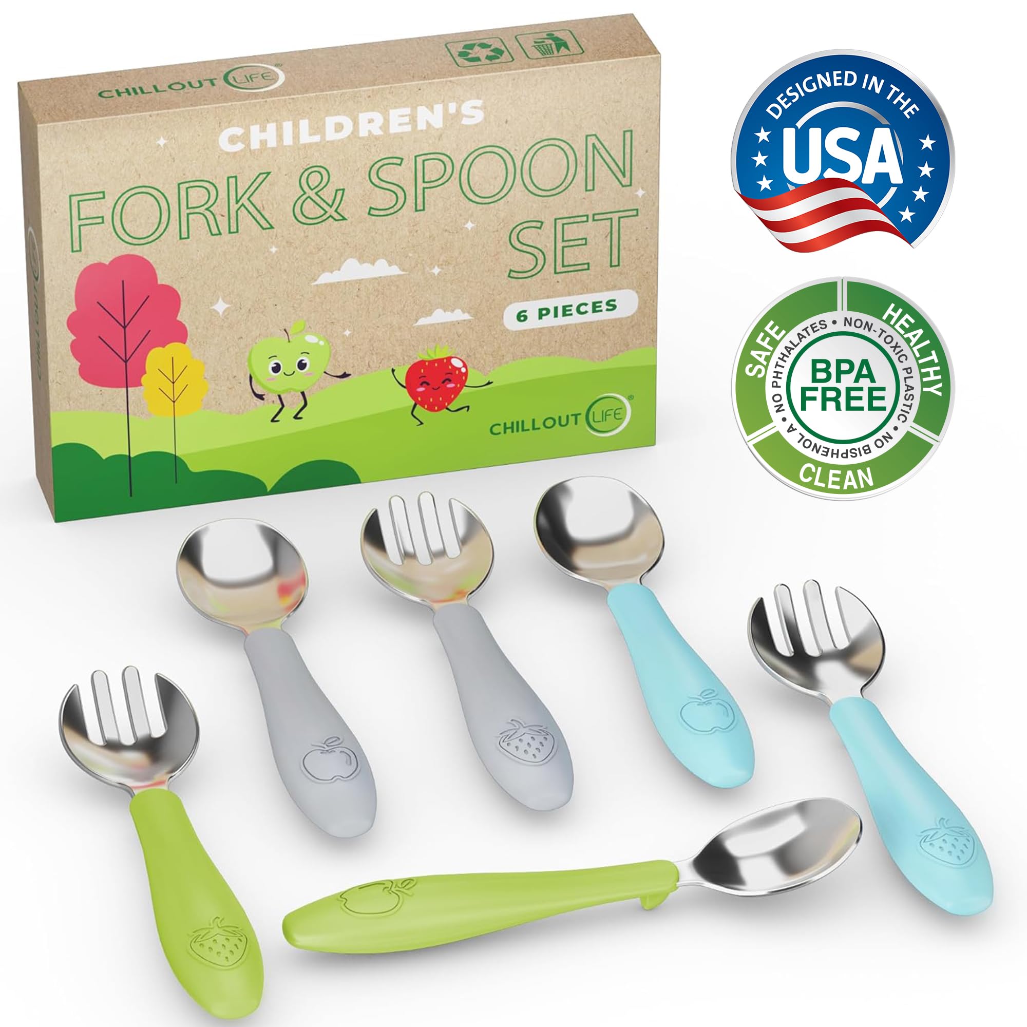 CHILLOUT LIFE Toddler Utensils, Kids Silverware with Silicone Handle, Stainless Steel Metal Toddler Forks and Spoons Safe Baby Cutlery Set for Self Feeding BPA Free Dishwasher Safe