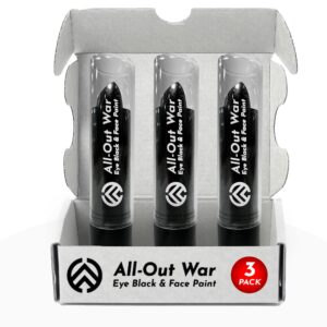 all-out war eye black stick, non-toxic, dark black sports drip, anti-glare, stays on all game, baseball, football, lacrosse, softball, eye black baseball accessories, eyeblack baseball drip, 3 pack