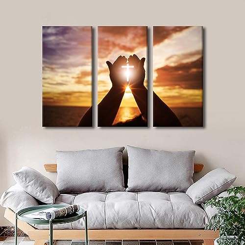 Jesus Hands Resurrected Paintings House Decorations Rest Room Catholic Pictures 3 Piece Canvas Wall Art Modern Artwork Home Decor Wooden Framed Gallery-wrapped Stretched Ready to Hang - 28" Wx42 H