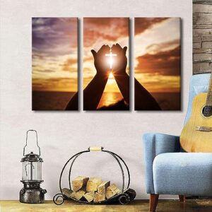 Jesus Hands Resurrected Paintings House Decorations Rest Room Catholic Pictures 3 Piece Canvas Wall Art Modern Artwork Home Decor Wooden Framed Gallery-wrapped Stretched Ready to Hang - 28" Wx42 H