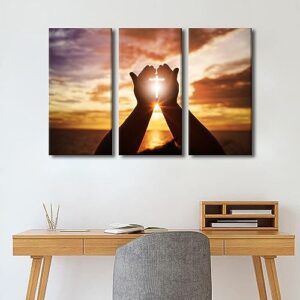 Jesus Hands Resurrected Paintings House Decorations Rest Room Catholic Pictures 3 Piece Canvas Wall Art Modern Artwork Home Decor Wooden Framed Gallery-wrapped Stretched Ready to Hang - 28" Wx42 H