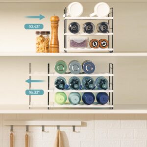 water bottle organizer for cabinet, 3 tier expandable water bottle storage holder rack, adjustable cup tumbler organizer for kitchen cabinets fridge pantry organization and storage, white