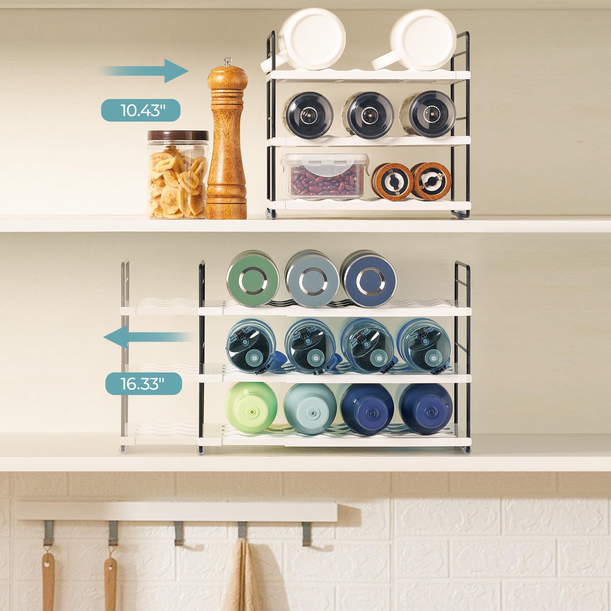 Water Bottle Organizer for Cabinet, 3 Tier Expandable Water Bottle Storage Holder Rack, Adjustable Cup Tumbler Organizer for Kitchen Cabinets Fridge Pantry Organization and Storage, White