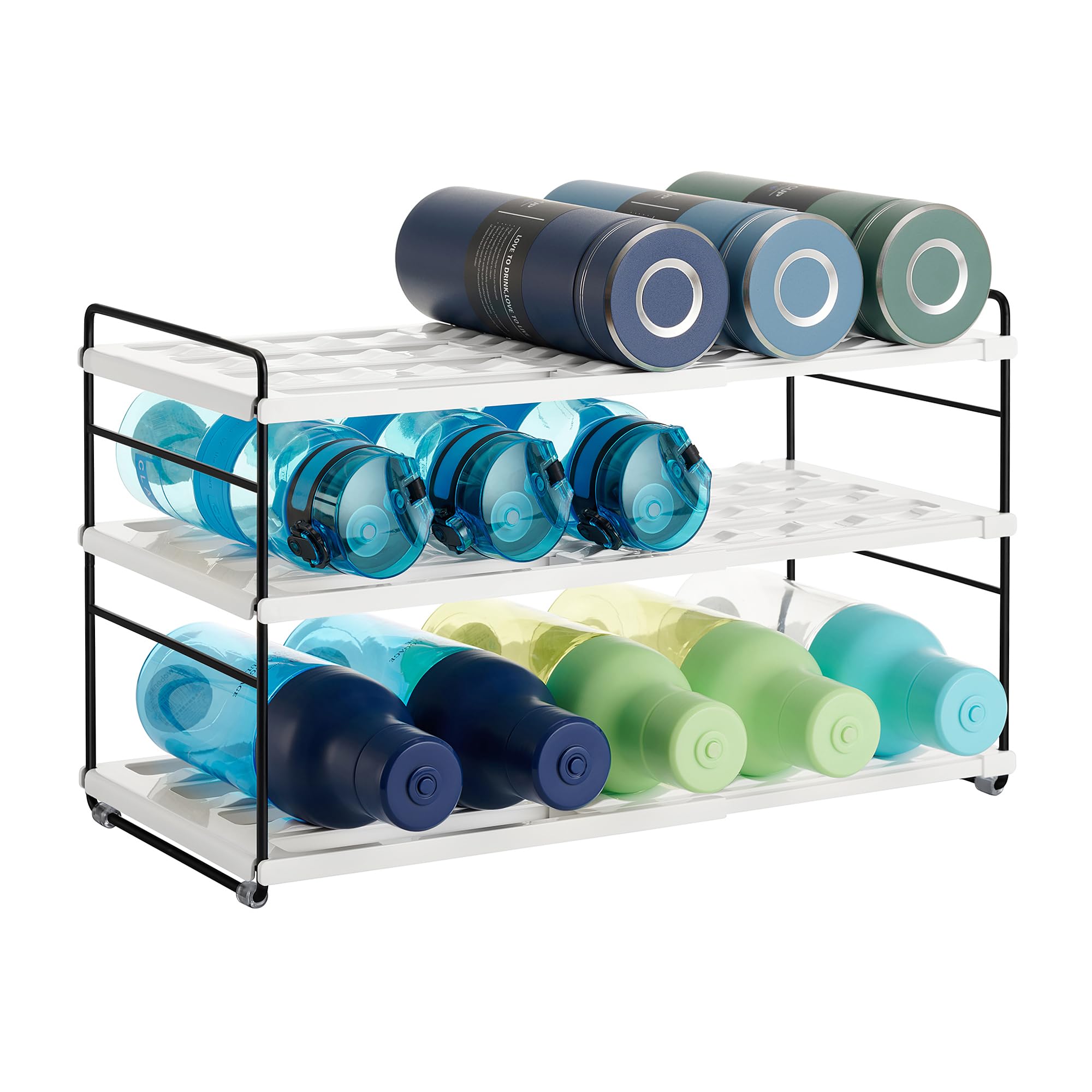 Water Bottle Organizer for Cabinet, 3 Tier Expandable Water Bottle Storage Holder Rack, Adjustable Cup Tumbler Organizer for Kitchen Cabinets Fridge Pantry Organization and Storage, White