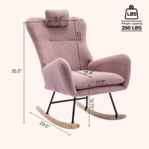 Unovivy Rocking Chair Nursery, Teddy Upholstered Nursing Armchair with Wood Base, Baby Glider Rocker with Headrest & Side Handy Cocket, Small Gliding Seat for Living Room, Bedroom, Office