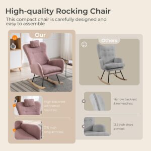 Unovivy Rocking Chair Nursery, Teddy Upholstered Nursing Armchair with Wood Base, Baby Glider Rocker with Headrest & Side Handy Cocket, Small Gliding Seat for Living Room, Bedroom, Office