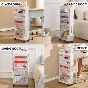 5 Tier Rolling Utility Cart Mobile Bookshelf Cart with Wheels, Movable Book Case Document Files Storage Cart, Slim Rolling Storage Book Cart for School,Bedroom,Classroom,Office,Library,Kids Room