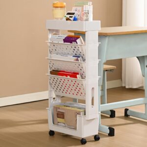 5 Tier Rolling Utility Cart Mobile Bookshelf Cart with Wheels, Movable Book Case Document Files Storage Cart, Slim Rolling Storage Book Cart for School,Bedroom,Classroom,Office,Library,Kids Room