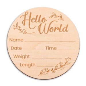 wooden baby name announcement sign, 6inch diameter hello world newborn sign birth announcement sign new baby sign for hospital nursery new parents baby shower