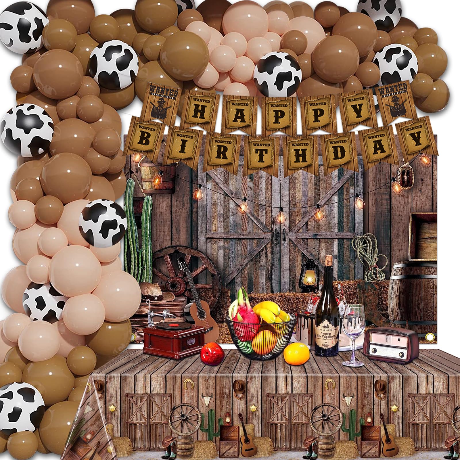 Western Cowboy Birthday Party Decorations, 164PCS Cowboy Birthday Party Supplies Including Western Backdrop, Cowboy Balloon Arch/ Garland Kit, Western Tabblecloth, Birthday Banner for Men