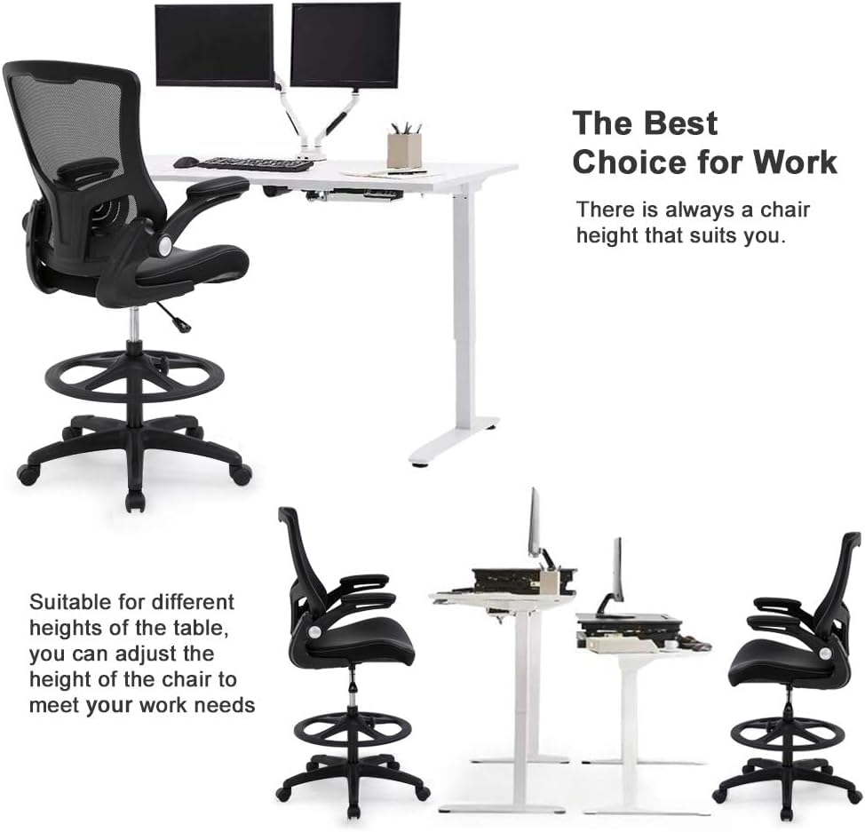 Drafting Chair Ergonomic Tall Office Chair Standing Desk Chair with Flip Up Arms Foot Rest Back Support Adjustable Height Mesh Drafting Stool, Black